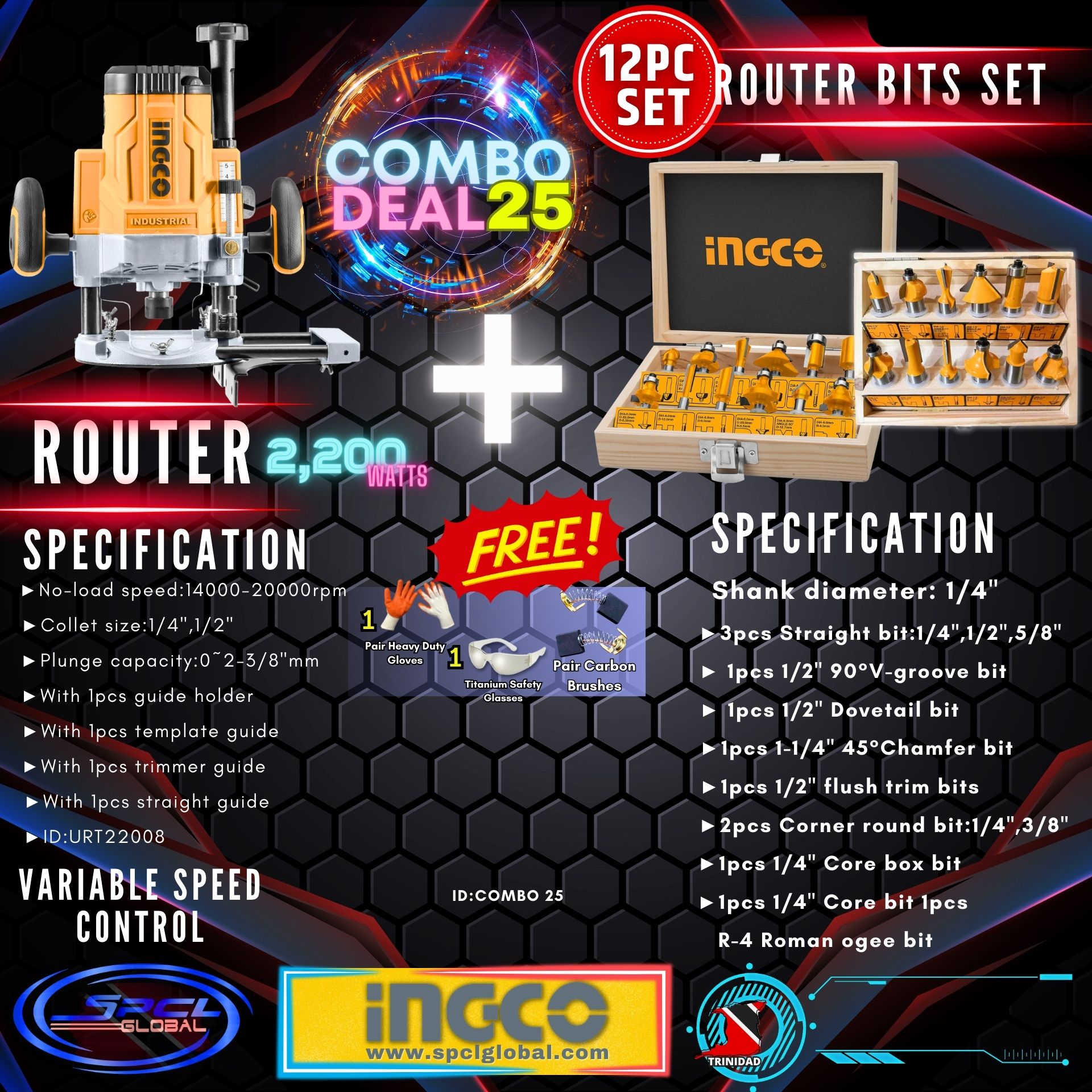 COMBO 25 - 2200W ROUTER +12 Pcs Router Bits Set(1/4") - SPCL GLOBAL
