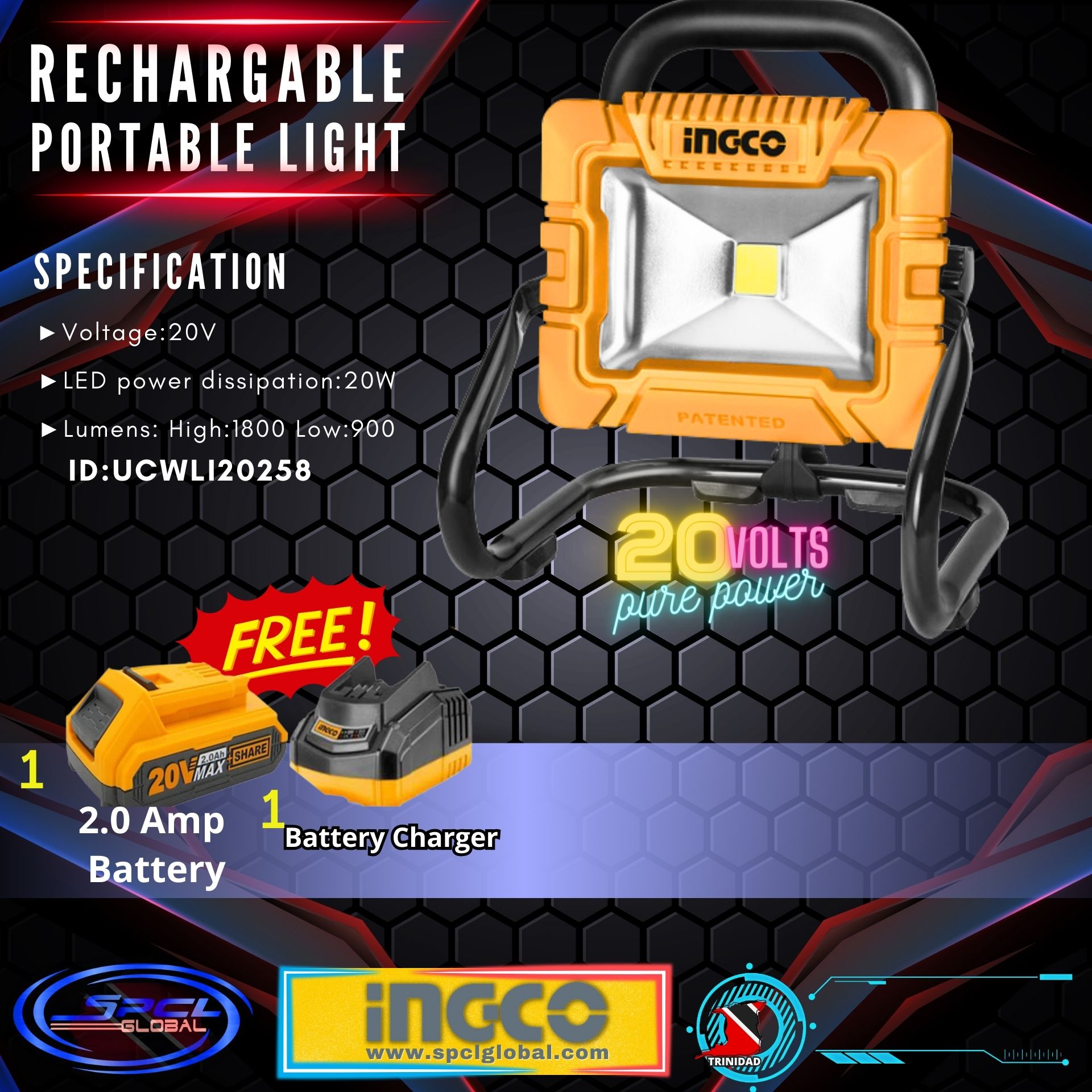 CORDLESS RECHARGABLE 20V WORK LIGHT - SPCL GLOBAL