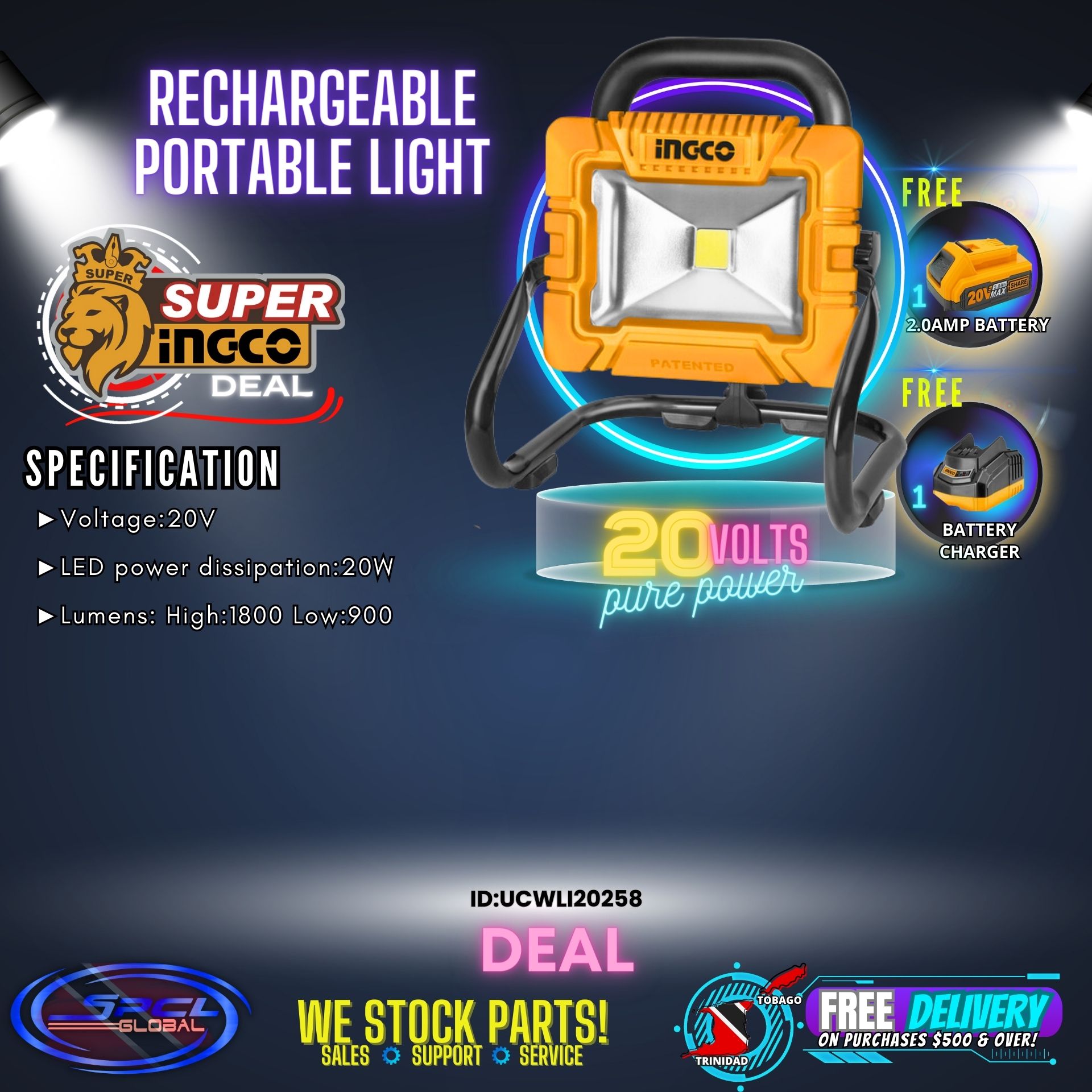 CORDLESS RECHARGABLE 20V WORK LIGHT - SPCL GLOBAL