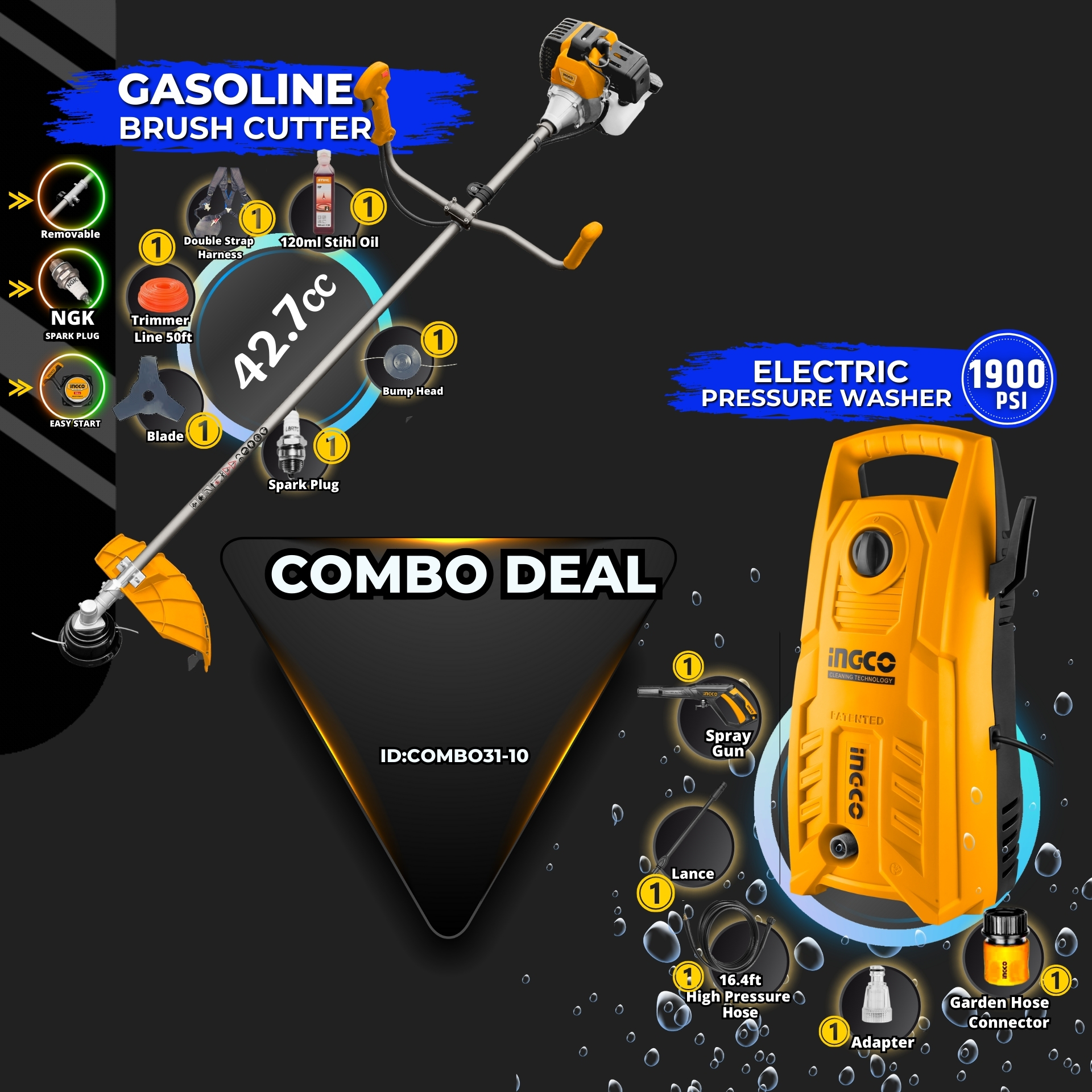 COMBO31-10 42.7cc BRUSH CUTTER (GBC5434411)+1900 PSI PRESSURE WASHER ...