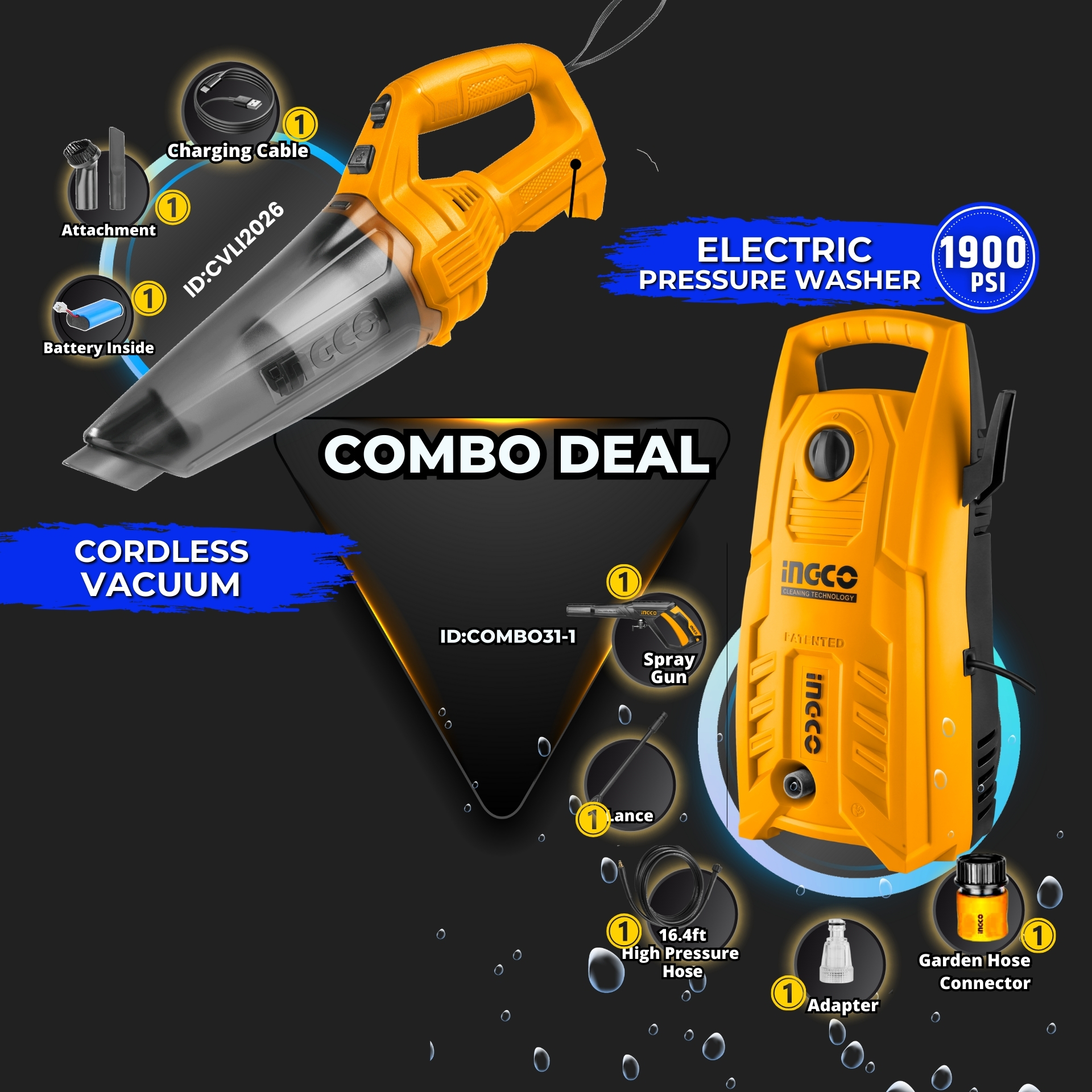 COMBO31-1 CVLI2026 CORDLESS VACUUM 1900psi PRESSURE WASHER - UHPWR14008 ...