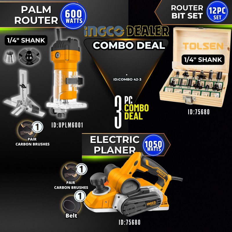 (COMBO42-3) ELECTRIC PLANER + PALM ROUTER + TOLSEN 12PC ROUTER BIT SET ...