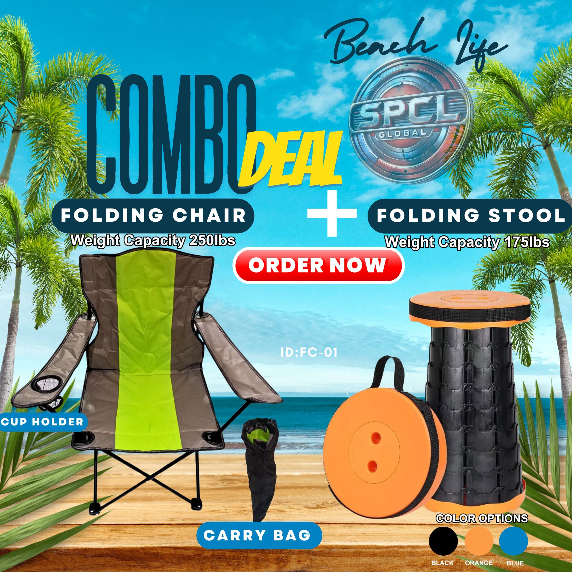 COMBO DEAL - GREEN BEACH CHAIR AND FOLDING STOOL - SPCL GLOBAL